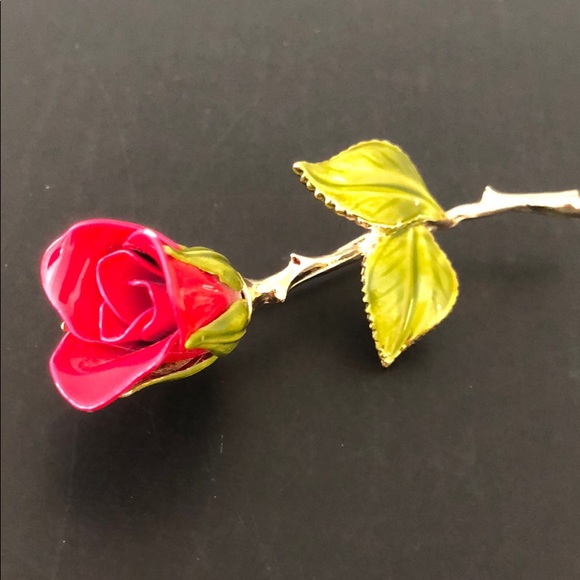 Jewelry | Vintage Red Rose Pin W Green Leaves And Gold Tone | Poshmark